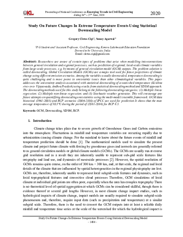 (PDF) Study On Future Changes In Extreme Temperature Events Using Statistical Downscaling Model