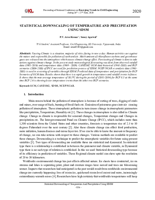 Pdf Statistical Downscaling Of Temperature And Precipitation Using Sdsm