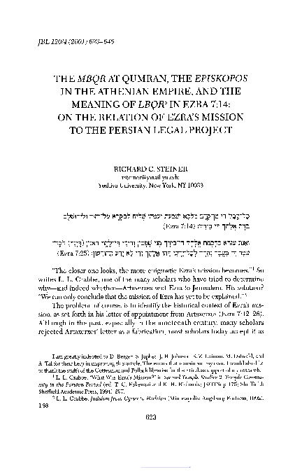 (PDF) Richard C. Steiner, “The Mbqr at Qumran, the Episkopos in the ...