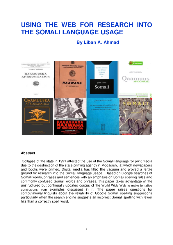 (PDF) USING THE WEB FOR RESEARCH INTO THE SOMALI LANGUAGE USAGE