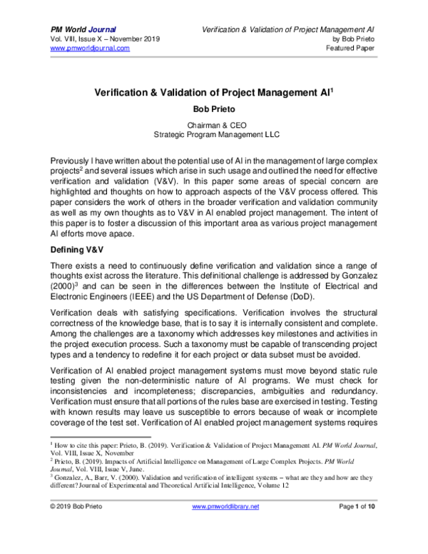 Pdf Verification And Validation Of Project Management Ai