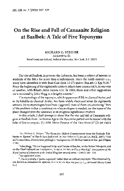 (PDF) Richard C. Steiner, “On the Rise and Fall of Canaanite Religion ...
