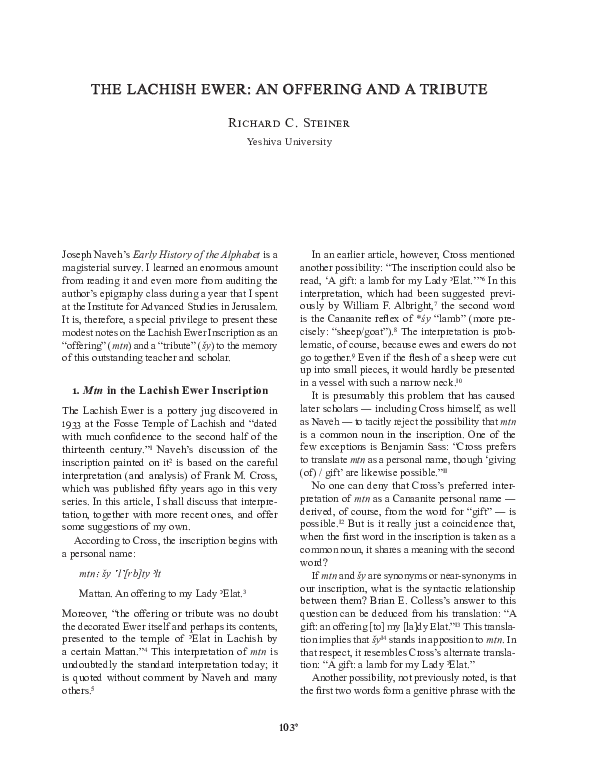 (PDF) Richard C. Steiner, “The Lachish Ewer: An Offering and a Tribute ...