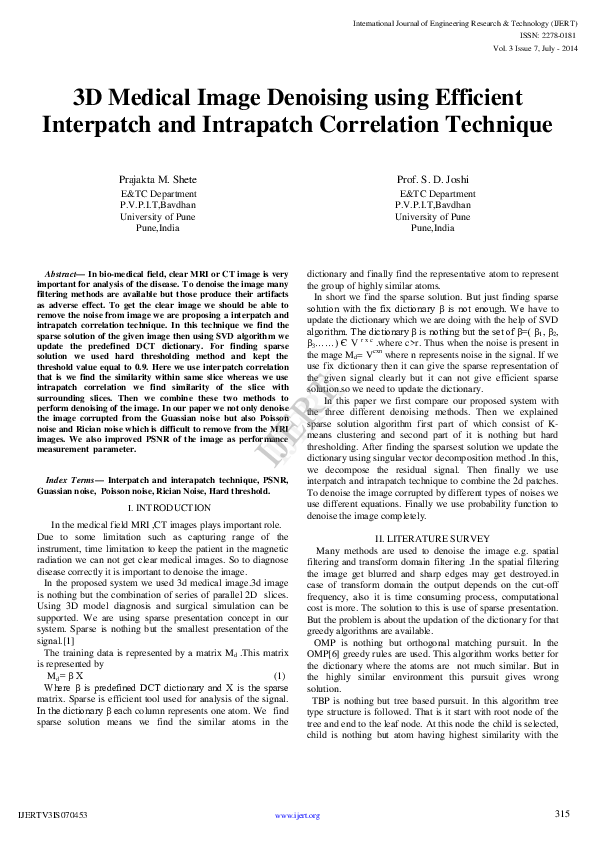 (PDF) IJERT-3D Medical Image Denoising using Efficient Interpatch and ...