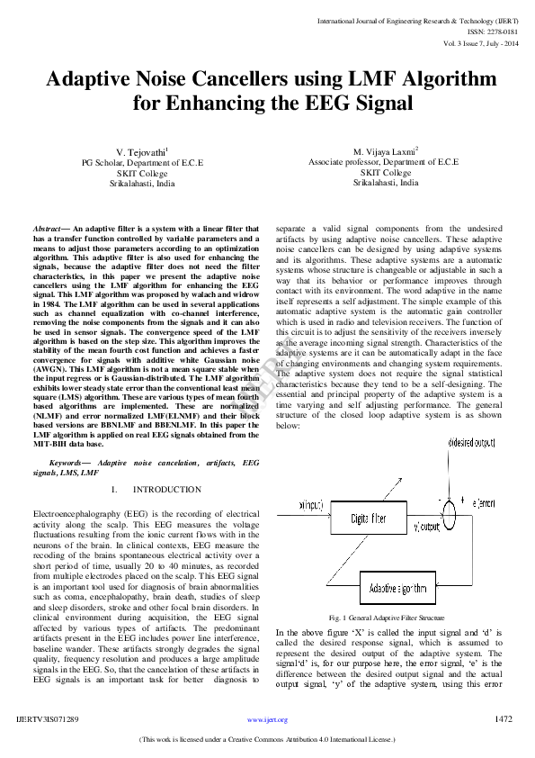 Pdf Ijert Adaptive Noise Cancellers Using Lmf Algorithm For Enhancing The Eeg Signal 4400