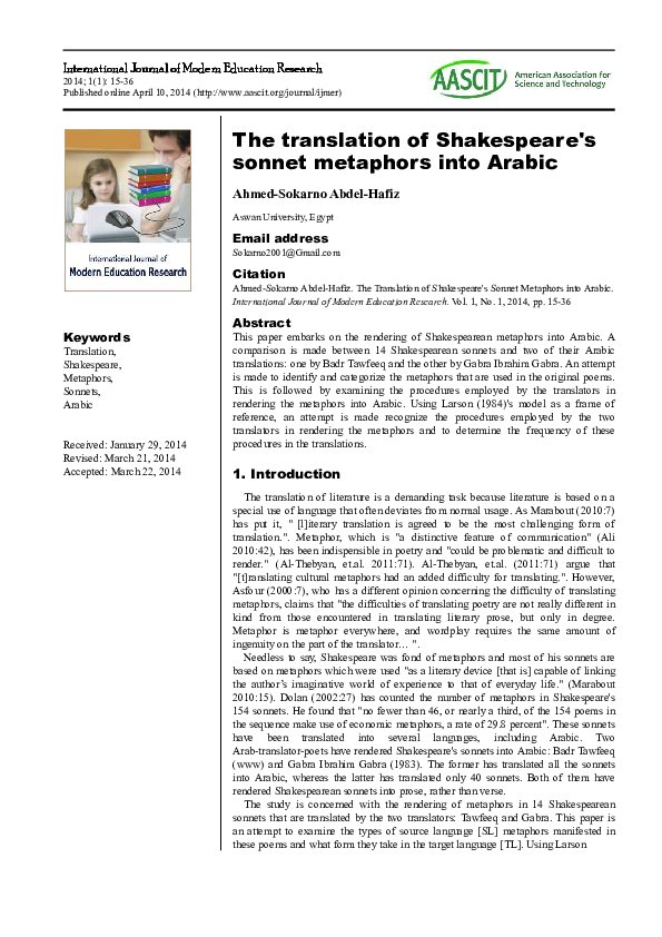 (PDF) The translation of Shakespeare's sonnet metaphors into Arabic