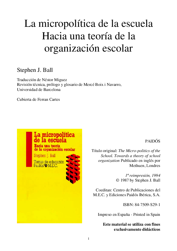 Pdf La Micropolítica De La Escuela Hacia Una Teoría De La
