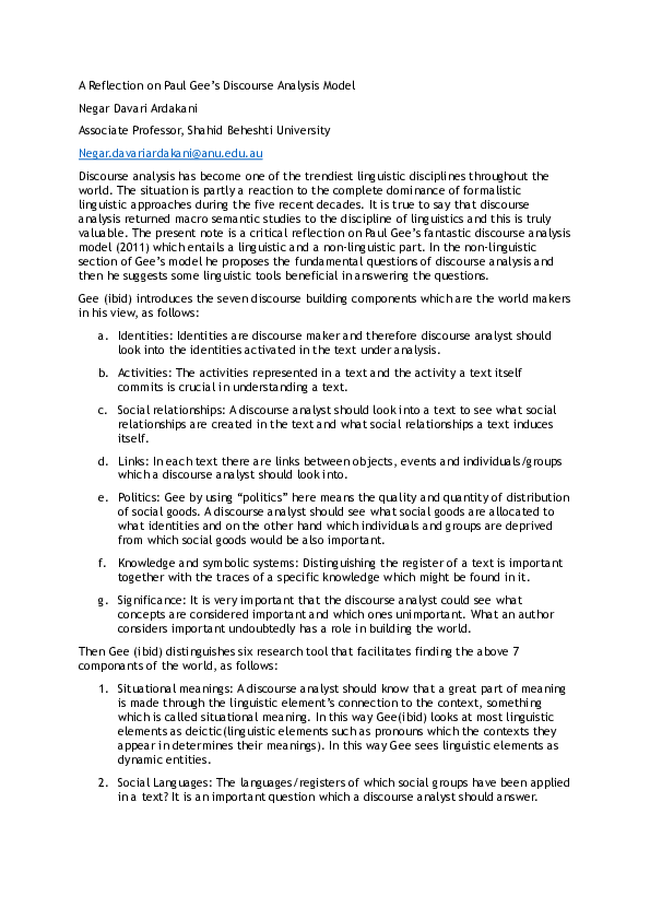 (PDF) A Reflection on Paul Gee's Discourse Analysis Model