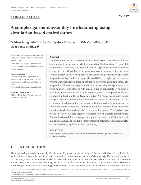 Pdf A Complex Garment Assembly Line Balancing Using Simulation Based Optimization