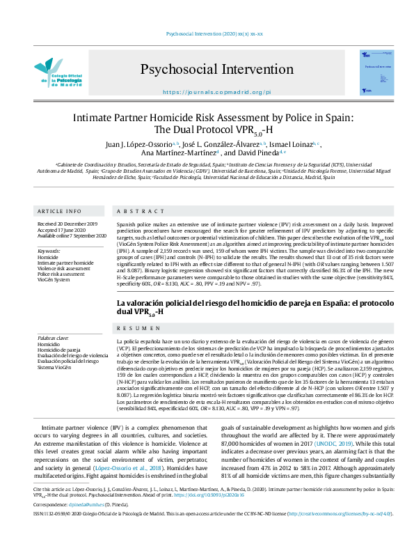 (PDF) Intimate Partner Homicide Risk Assessment by Police in Spain: The ...