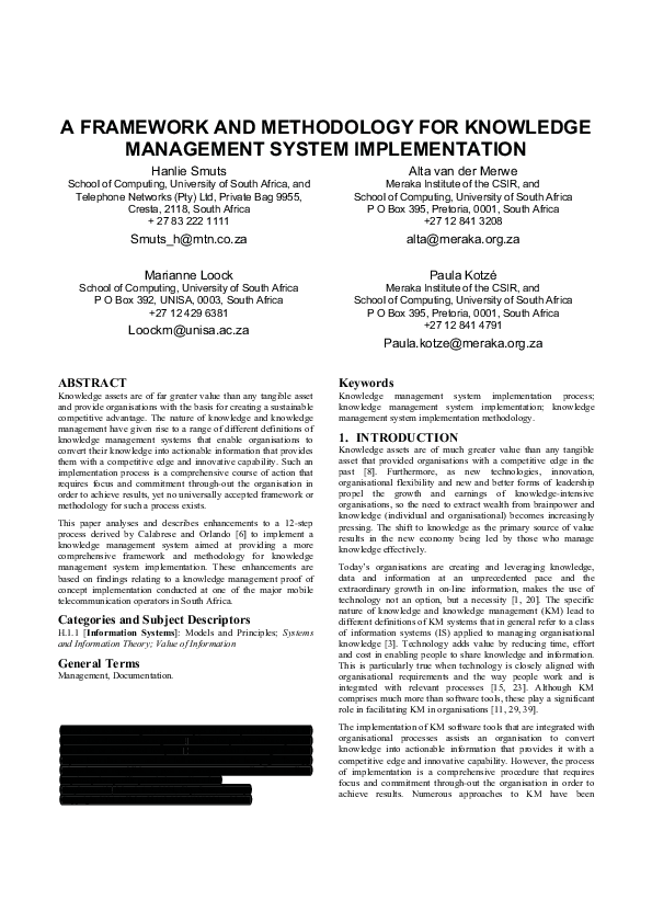 (PDF) A framework and methodology for knowledge management system implementation