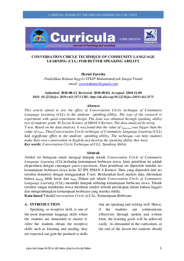 (PDF) CONVERSATION CIRCLE TECHNIQUE OF COMMUNITY LANGUAGE LEARNING (CLL) FOR BETTER SPEAKING ABILITY