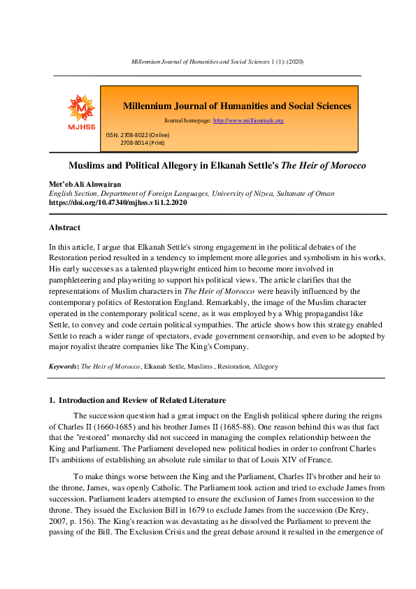 (PDF) Muslims and Political Allegory in Elkanah Settle's The Heir of ...