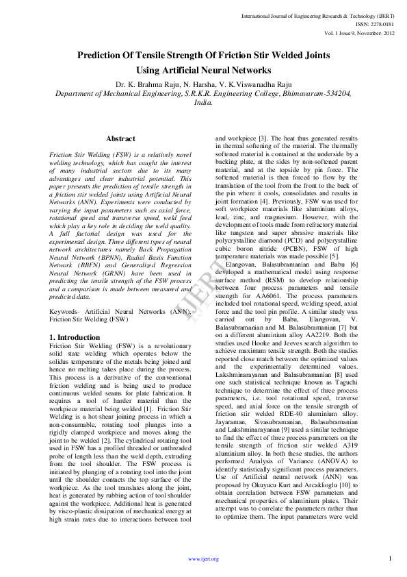 Pdf Ijert Prediction Of Tensile Strength Of Friction Stir Welded Joints Using Artificial