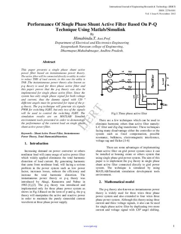 Pdf Ijert Performance Of Single Phase Shunt Active Filter Based On P Q Technique Using Matlab