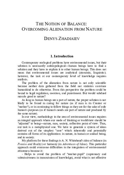 (DOC) The Notion of Balance: Overcoming Alienation from Nature