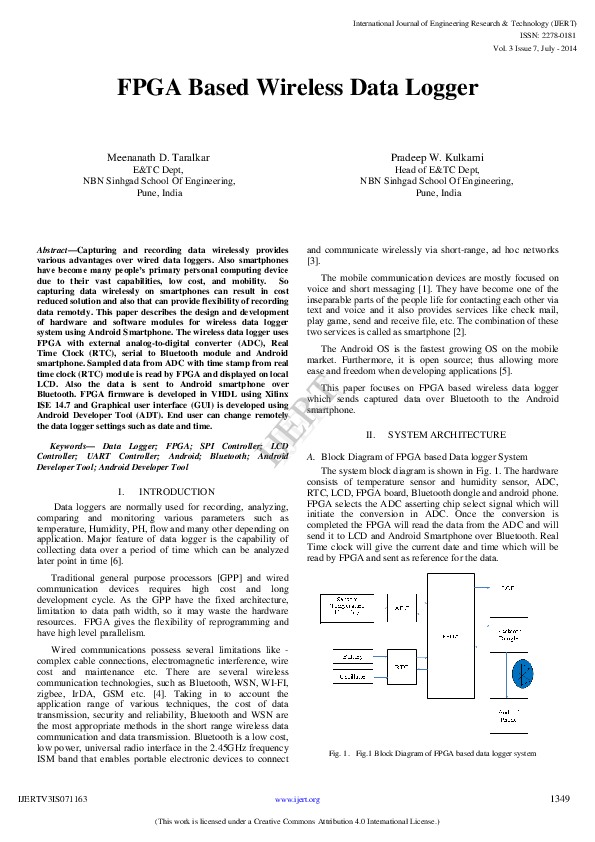 Pdf Ijert Fpga Based Wireless Data Logger Ijert Journal