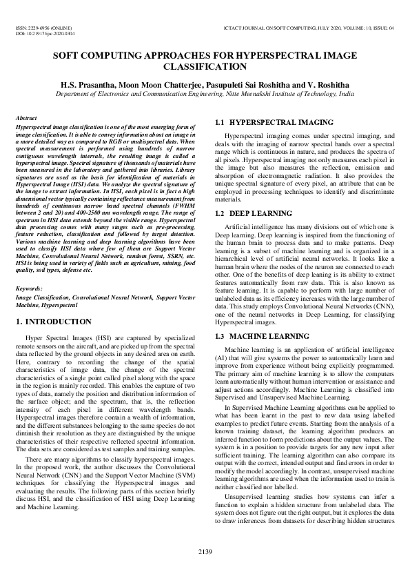 Pdf Soft Computing Approaches For Hyperspectral Image Classification