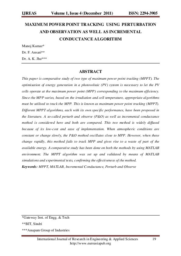 (PDF) MAXIMUM POWER POINT TRACKING USING PERTURBATION AND OBSERVATION AS WELL AS INCREMENTAL ...