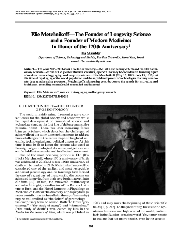 (PDF) Elie Metchnikoff — The Founder of Longevity Science and a Founder ...