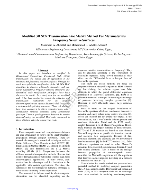 (PDF) IJERT-Modified 3D SCN Transmission Line Matrix Method For ...