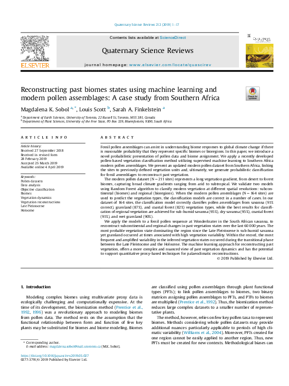 Pdf Reconstructing Past Biomes States Using Machine Learning And Modern Pollen Assemblages A