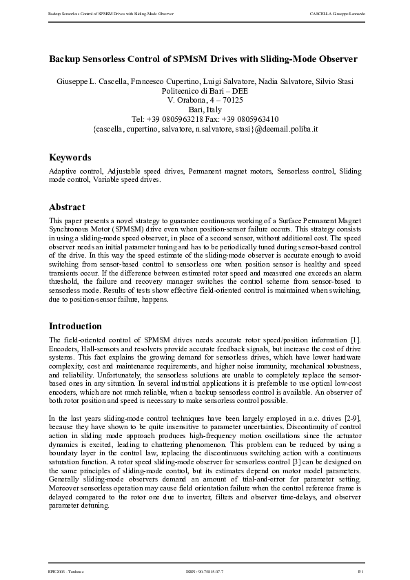 (PDF) Backup Sensorless Control of SPMSM Drives with Sliding-Mode Observer