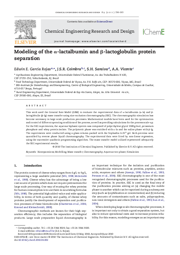 (PDF) Modeling of the α-lactalbumin and β-lactoglobulin protein separation