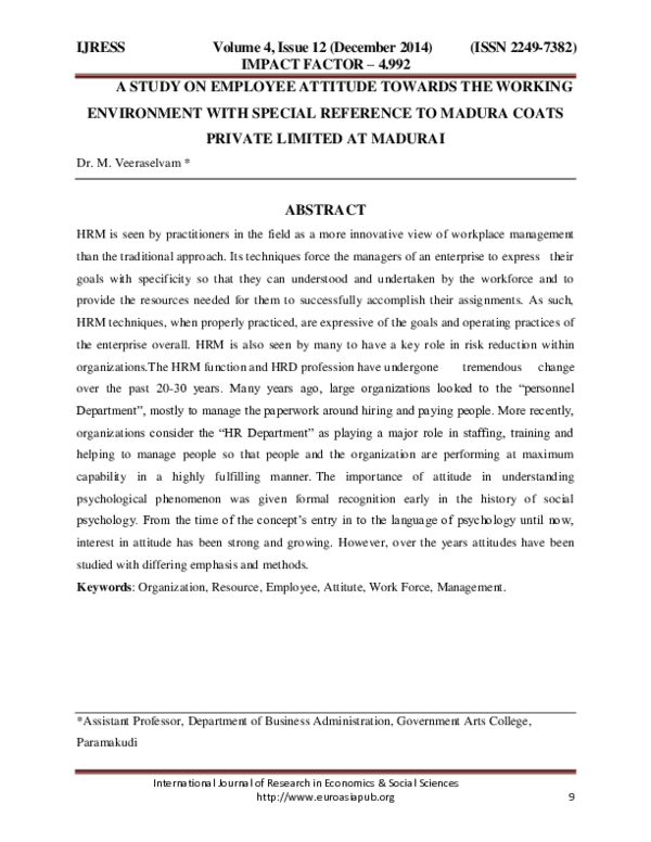 (PDF) A STUDY ON EMPLOYEE ATTITUDE TOWARDS THE WORKING ENVIRONMENT WITH SPECIAL REFERENCE TO ...