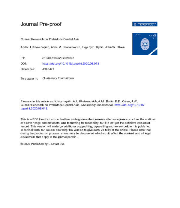 (PDF) Journal Pre-proof Current Research on Prehistoric Central Asia