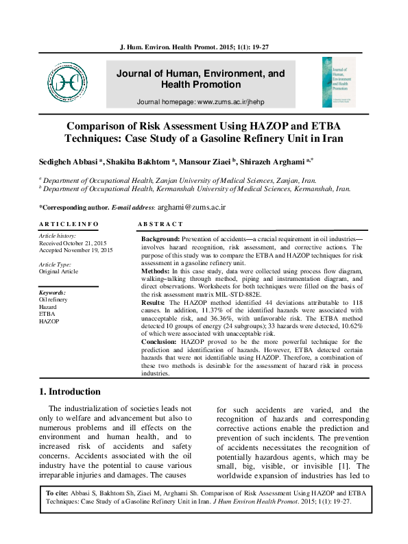 (PDF) Comparison of Risk Assessment Using HAZOP and ETBA Techniques ...