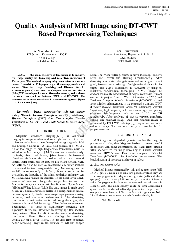 Pdf Ijert Quality Analysis Of Mri Image Using Dt Cwt Based Preprocessing Techniques Ijert
