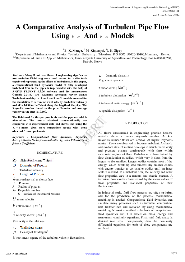(PDF) IJERT-A Comparative Analysis of Turbulent Pipe Flow Using k - e and k - w Models