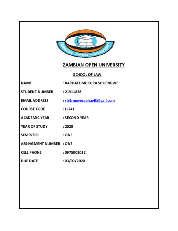 (DOC) ZAMBIAN OPEN UNIVERSITY SCHOOL OF LAW NAME : RAPHAEL MUKUPA SHILENGWE