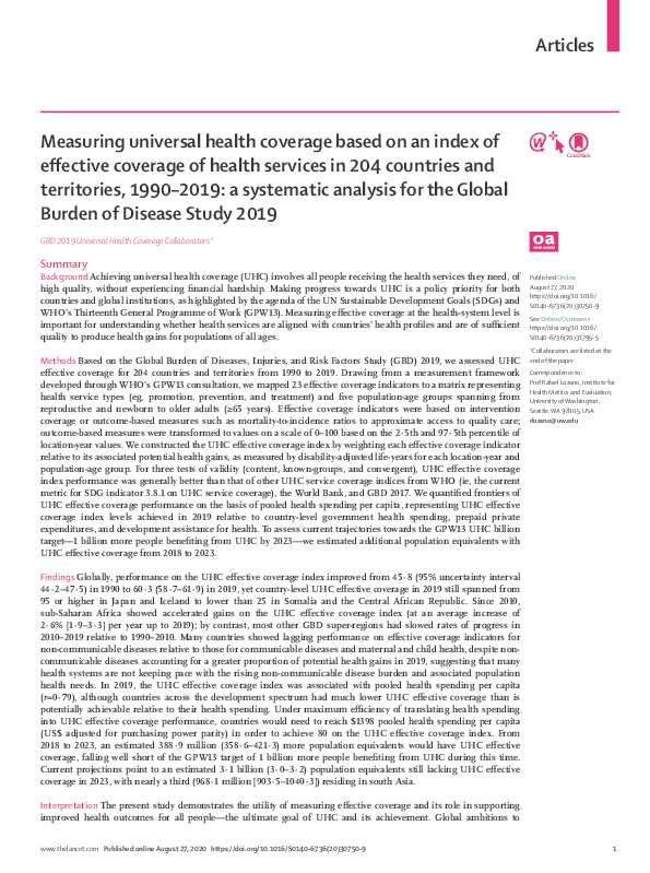 (PDF) Measuring universal health coverage based on an index of ...