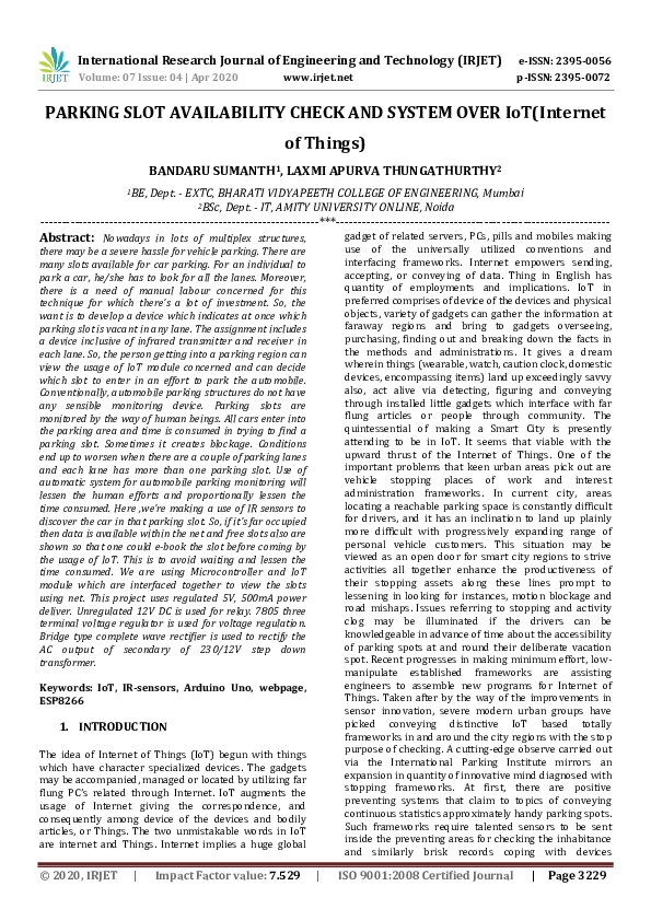 (PDF) IRJET- PARKING SLOT AVAILABILITY CHECK AND SYSTEM OVER IoT ...