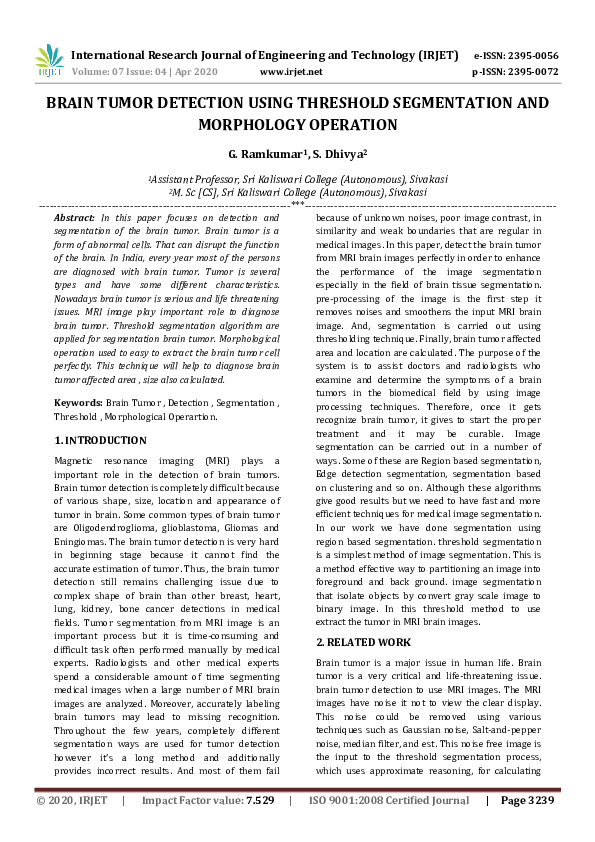 Pdf Irjet Brain Tumor Detection Using Threshold Segmentation And