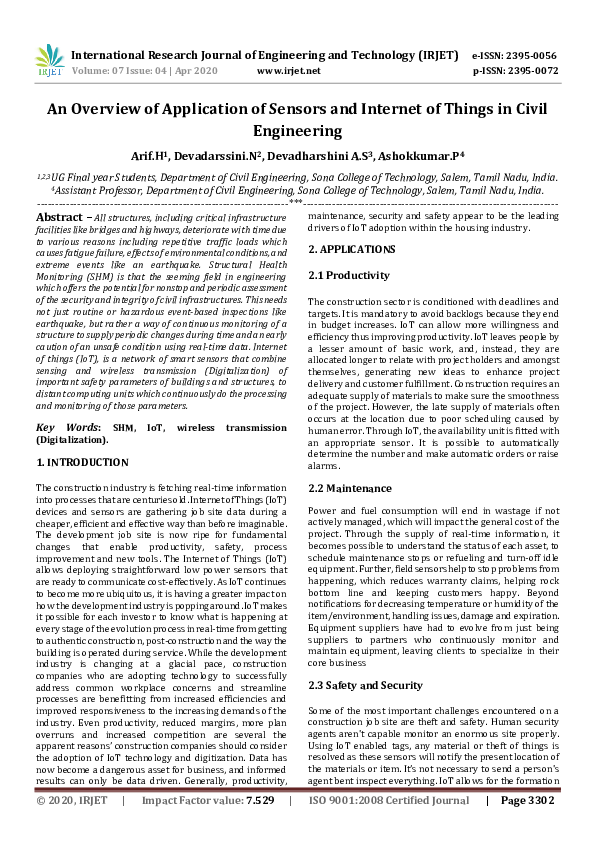 (PDF) IRJET- An Overview of Application of Sensors and Internet of ...