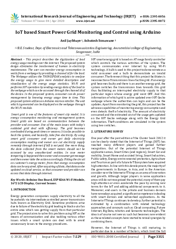 Pdf Irjet Iot Based Smart Power Grid Monitoring And Control Using Arduino