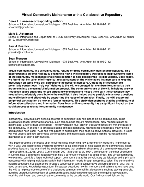 (PDF) Virtual community maintenance with a collaborative repository | Paul Resnick - Academia.edu