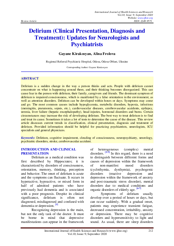 (PDF) Delirium (Clinical Presentation, Diagnosis and Treatment ...