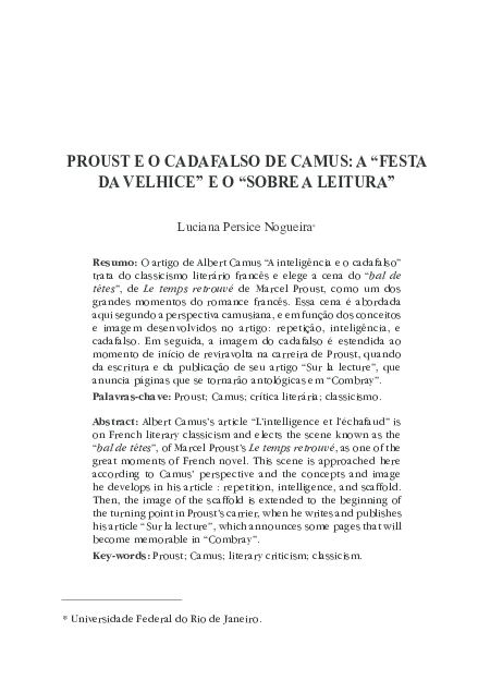 (PDF) Proust e o cadafalso de Camus: a "festa da velhice" e o "Sobre a ...