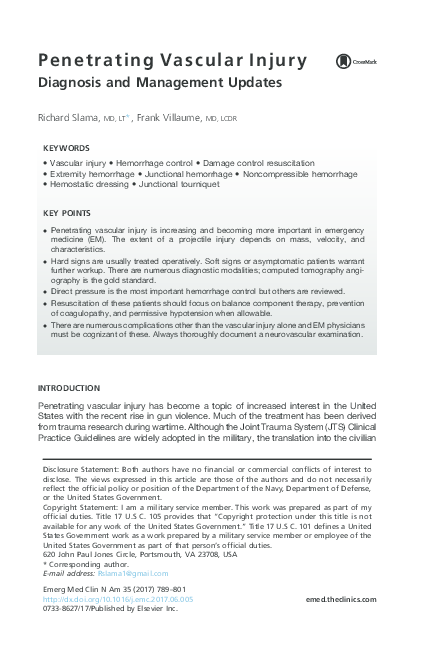 (PDF) Penetrating Vascular Injury Diagnosis and Management Updates