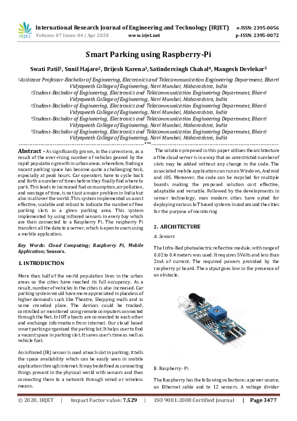 Pdf Irjet Smart Parking Using Raspberry Pi