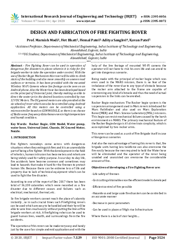 (PDF) IRJET- DESIGN AND FABRICATION OF FIRE FIGHTING ROVER