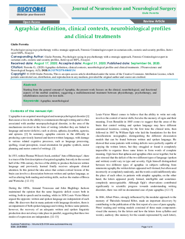 (PDF) Agraphia: definition, clinical contexts, neurobiological profiles and clinical treatments