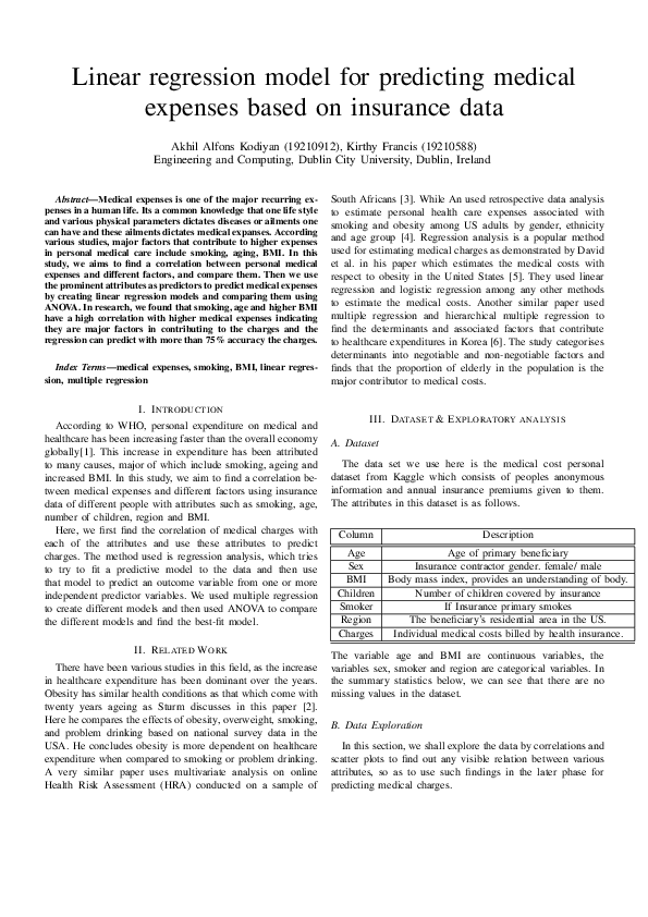 (PDF) Linear regression model for predicting medical expenses based on ...