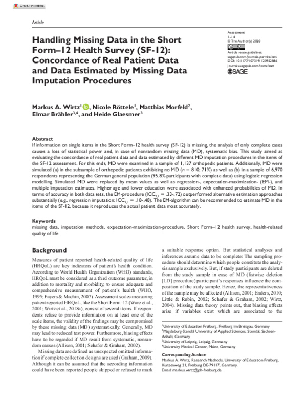 (PDF) Handling Missing Data in the Short Form-12 Health Survey (SF-12 ...
