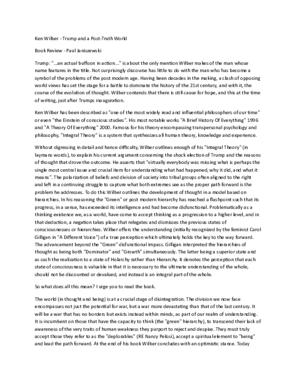 Ken Wilber - Trump and a Post-Truth World / Paul Janiszewski - Review