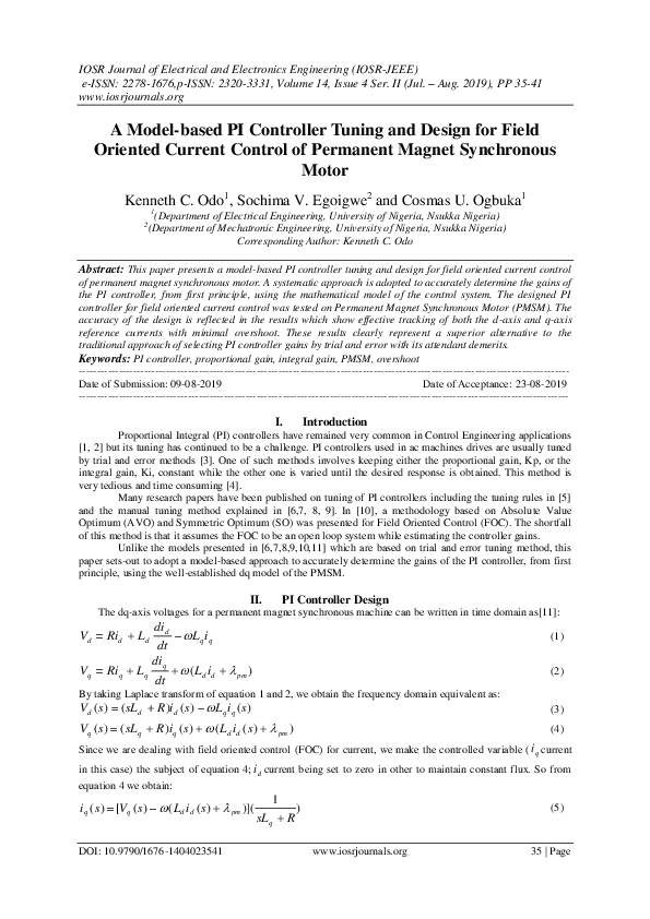 (PDF) A Model-based PI Controller Tuning and Design for Field Oriented Current Control of ...
